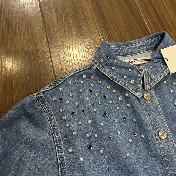 Zara | Pants & Jumpsuits | Zara Rhinestones Denim Cropped Top And Pant ...